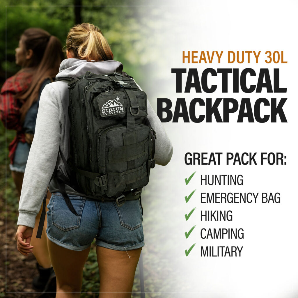 Tactical Backpack - 30L Capacity - Heavy Duty 900D Polyester - Military Backpack - Sirius Survival